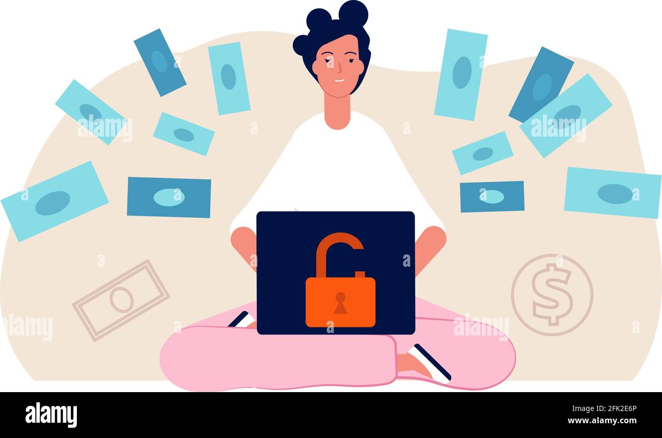 Hacker attack. Cute young girl hack bank online. Bad money safety ...