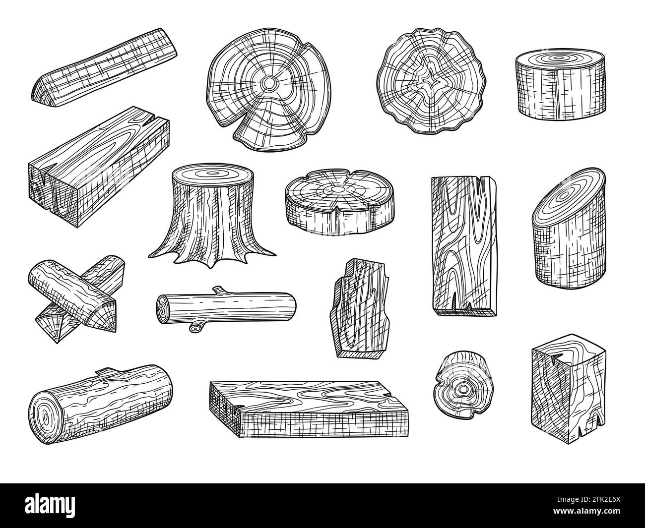 Lumber. Wooden trunks branch oak stacked log from tree vector hand ...