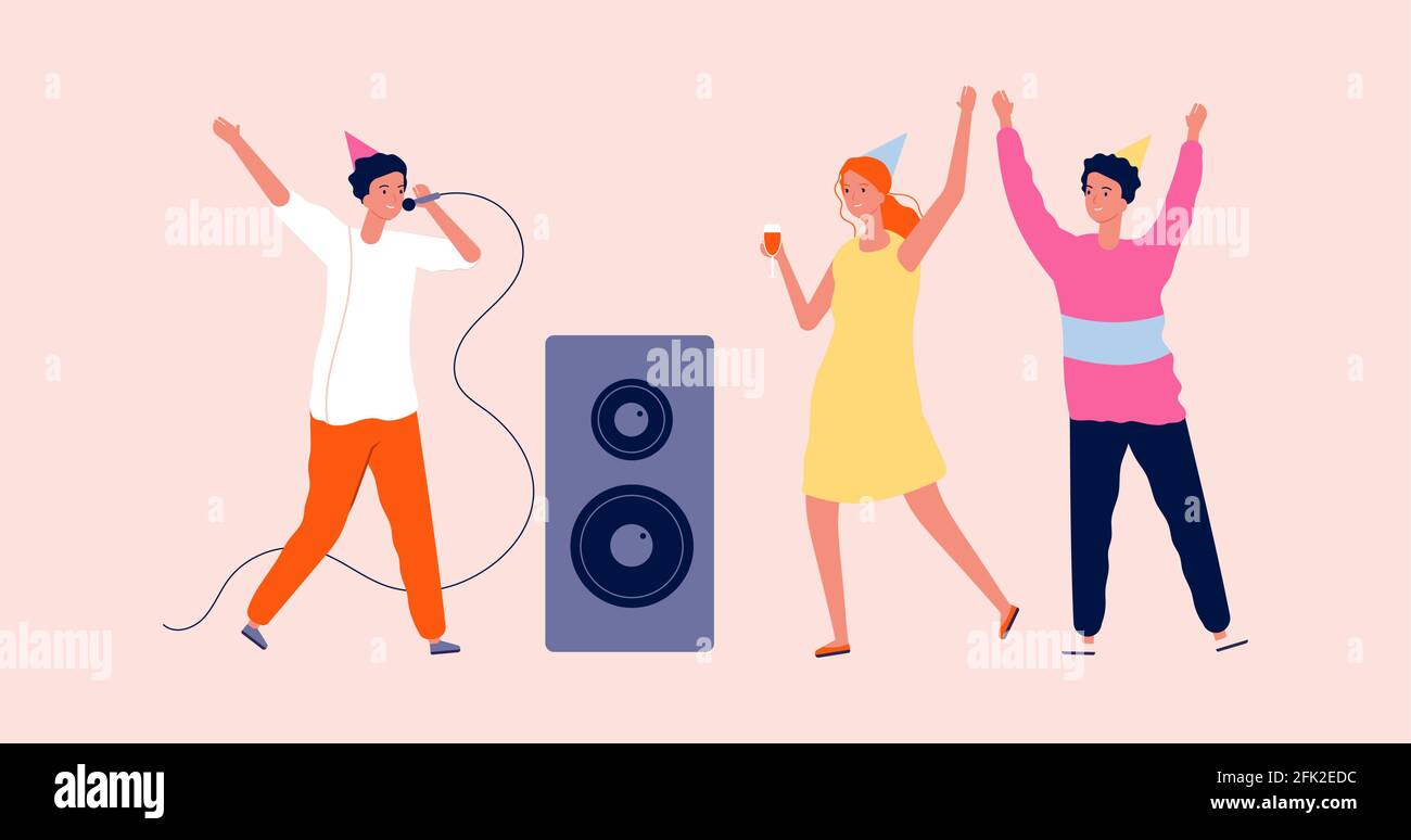 Disco party. Woman man dancing and singing. Birthday festive time ...