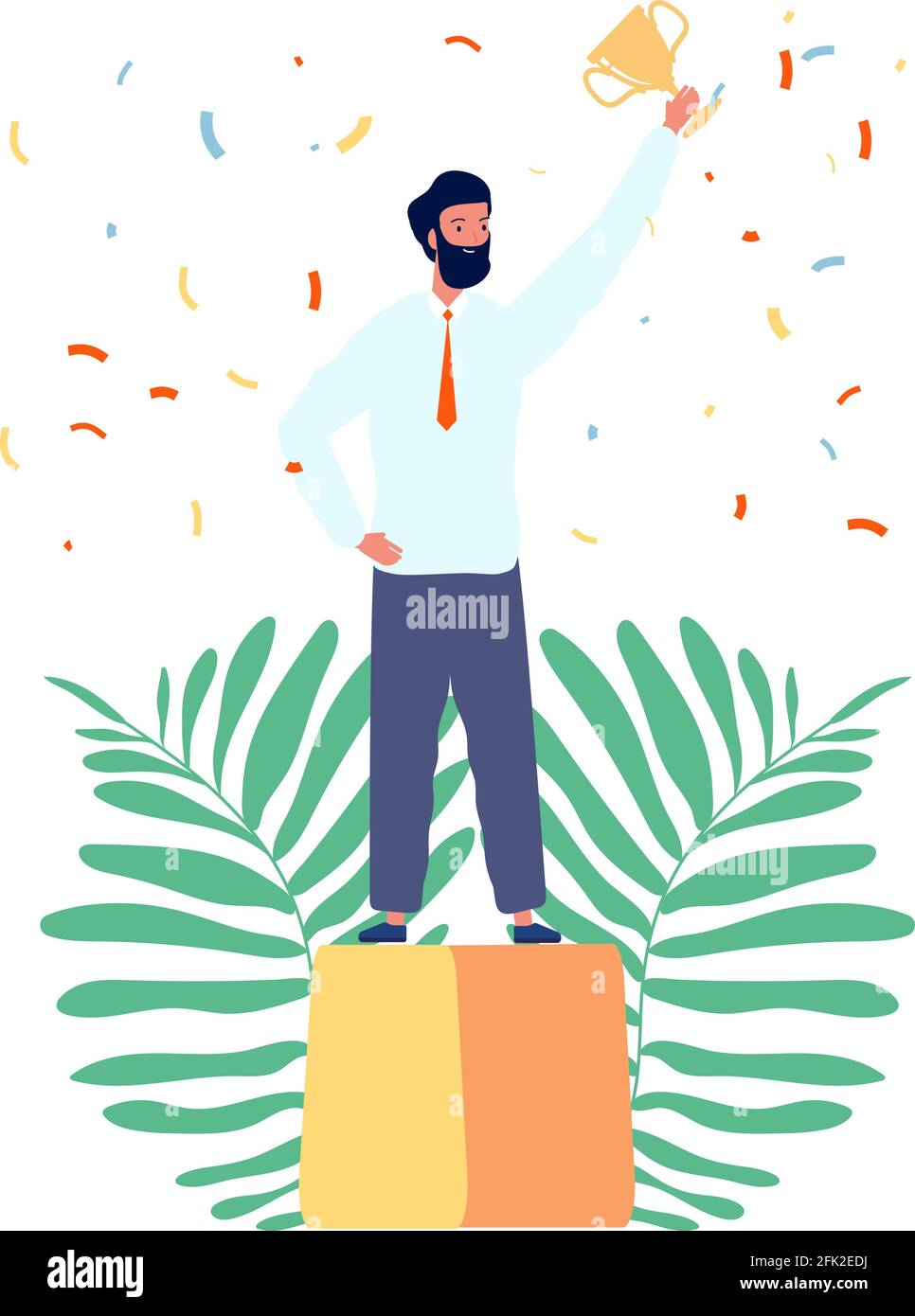Businessman winner. Isolated man on pedestal with golden cup and ...