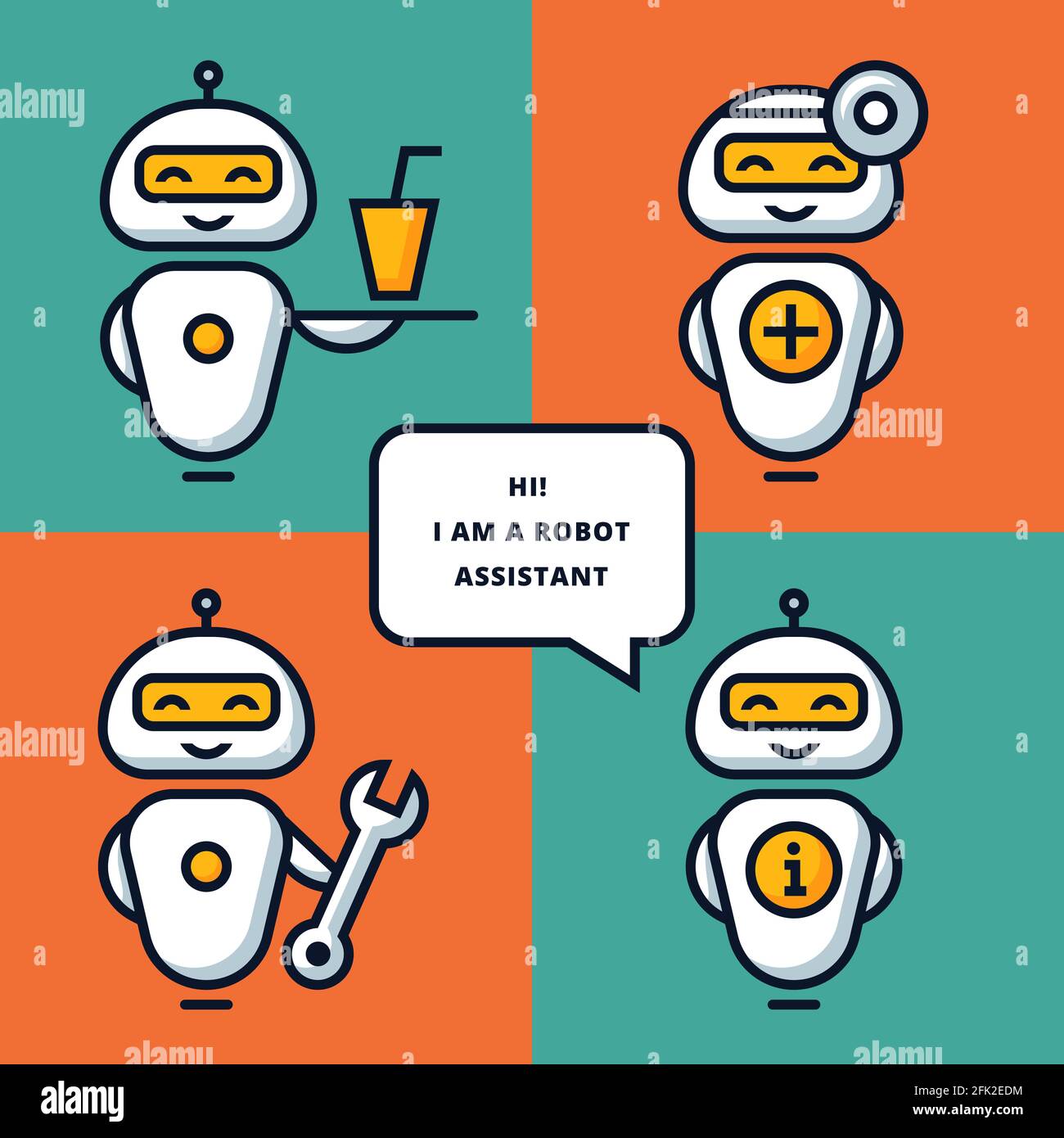 A collection of robotic assistants with various tools and outfits. Four ...