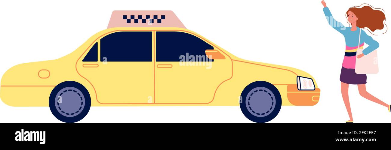 Girl catches taxi. Happy cartoon female with bag stops yellow auto ...