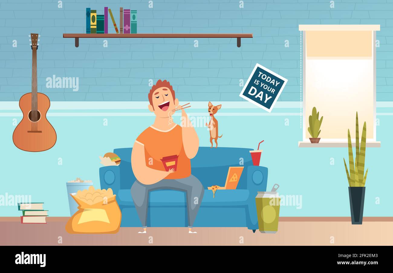 Man is overeating. Fat guy, food addiction and behavior problems. Lazy ...