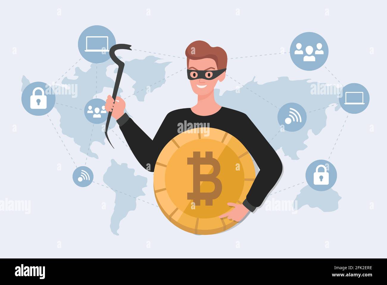 Thief in mask holding stolen bitcoin vector flat illustration on ...