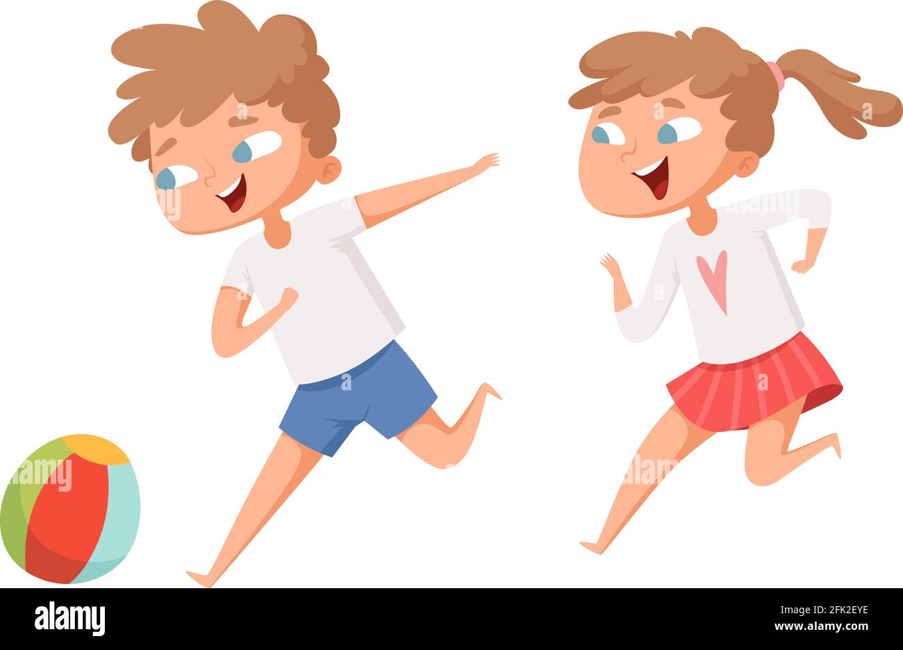 Kids play ball. Running cartoon boy and girl. Isolated happy children ...
