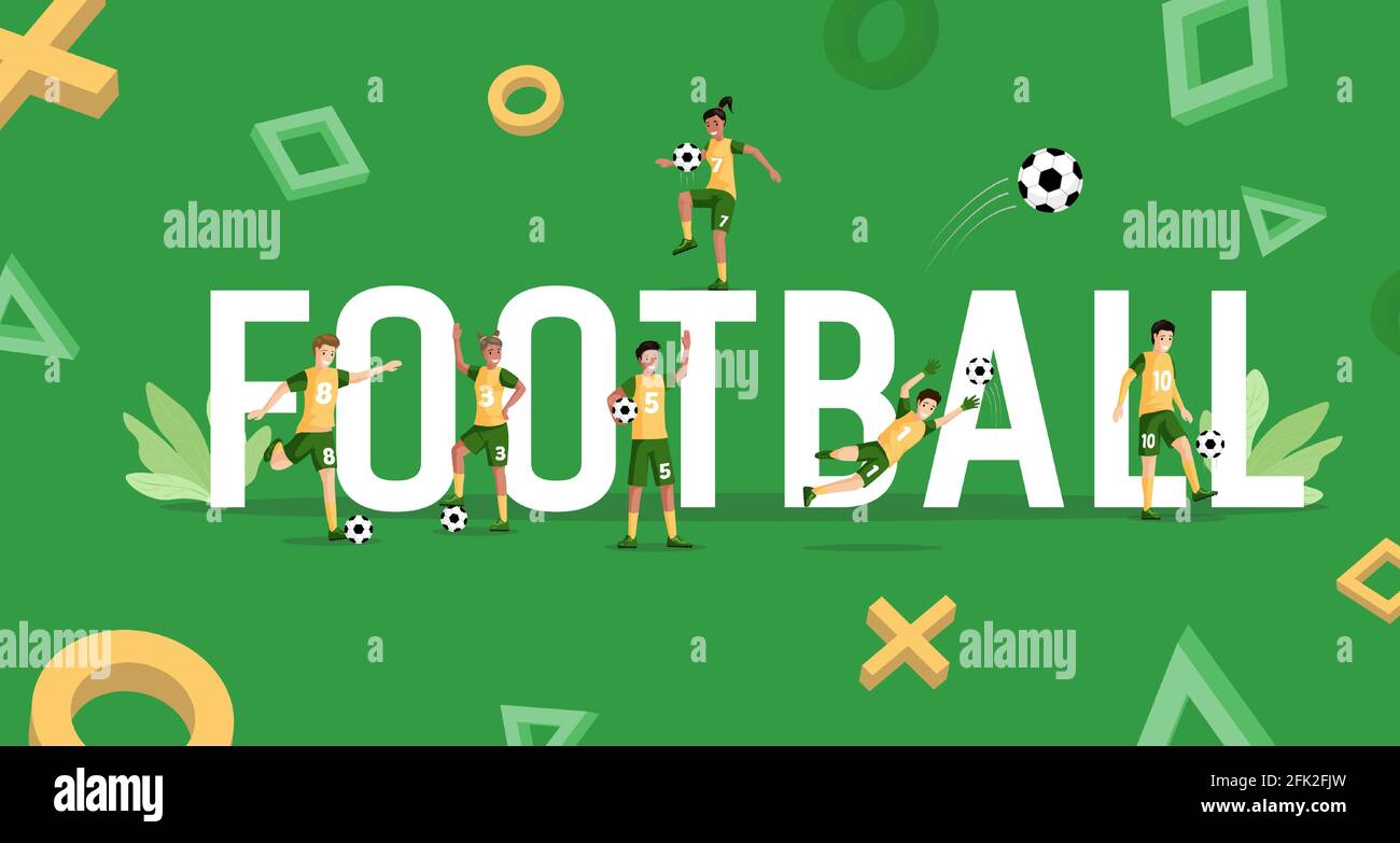 Football word vector flat banner template. Happy smiling boys and girls ...