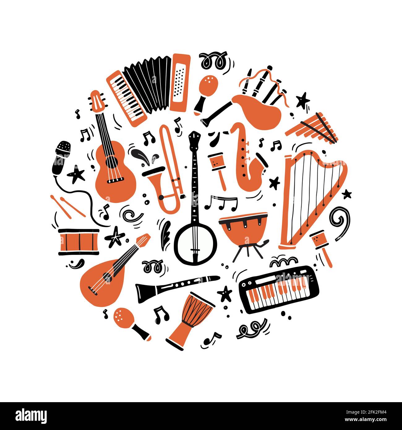 Hand drawn set of different types musical instrument, guitar, saxophone ...