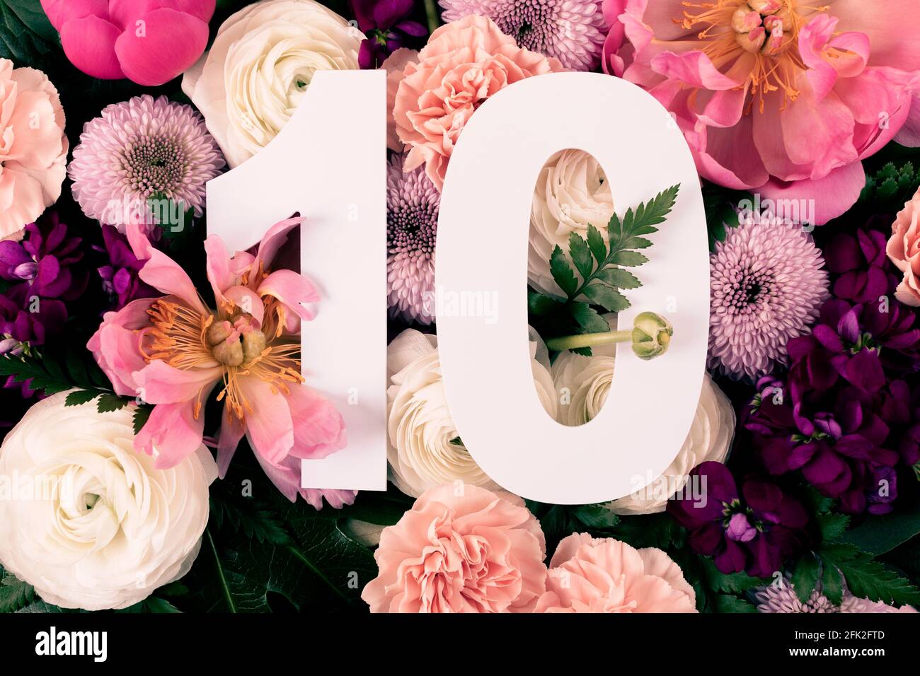 Layout with colorful flowers, leaves and number ten. Chrysanthemum ...