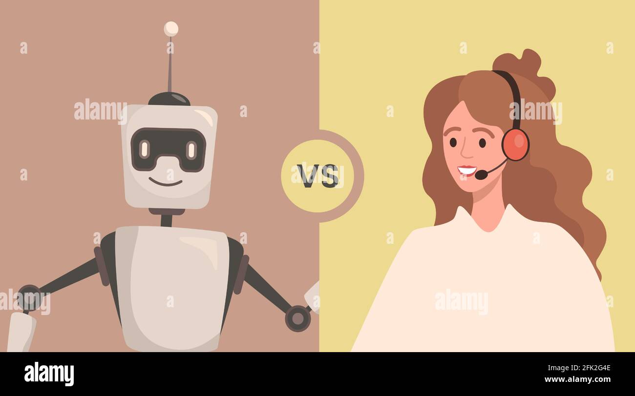 Robot versus woman vector flat illustration. People cooperate or ...