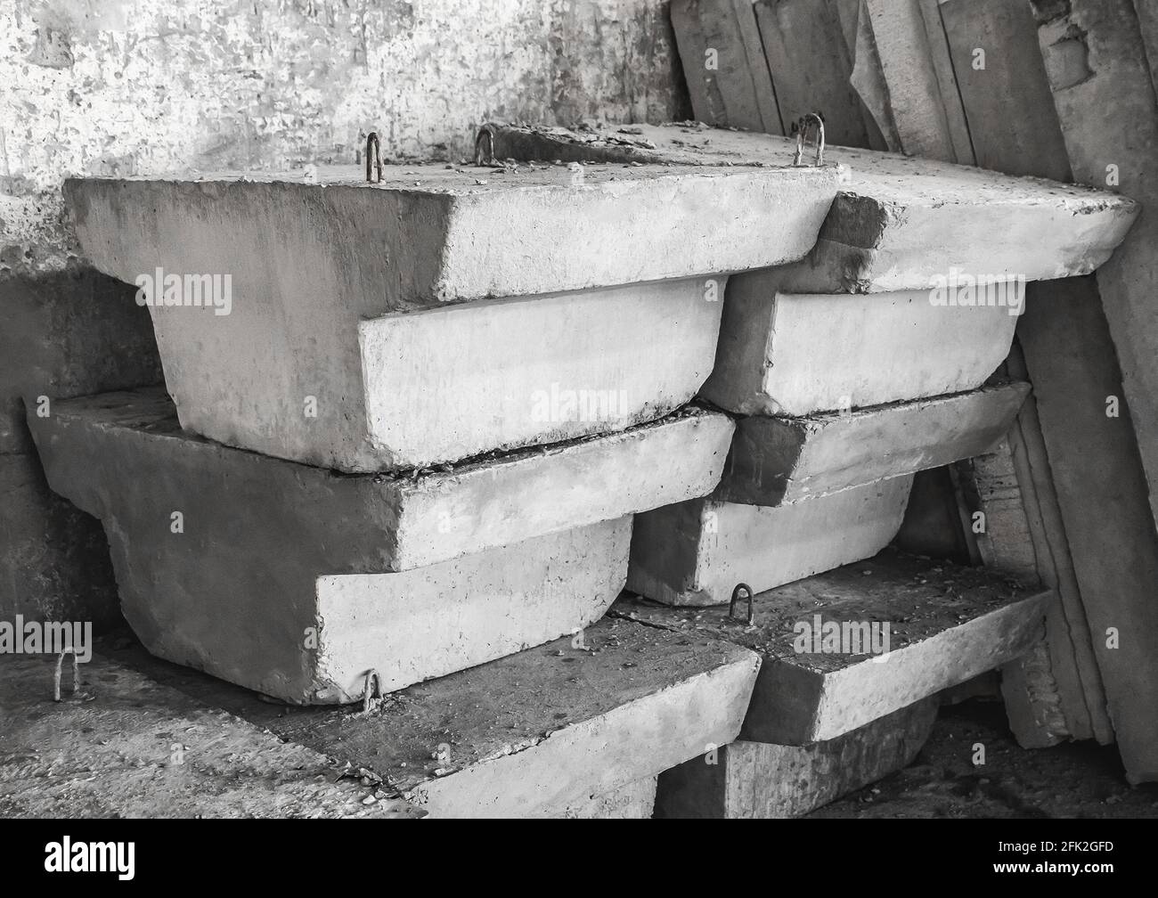 Concrete blocks at a construction site. Concrete structures in an ...
