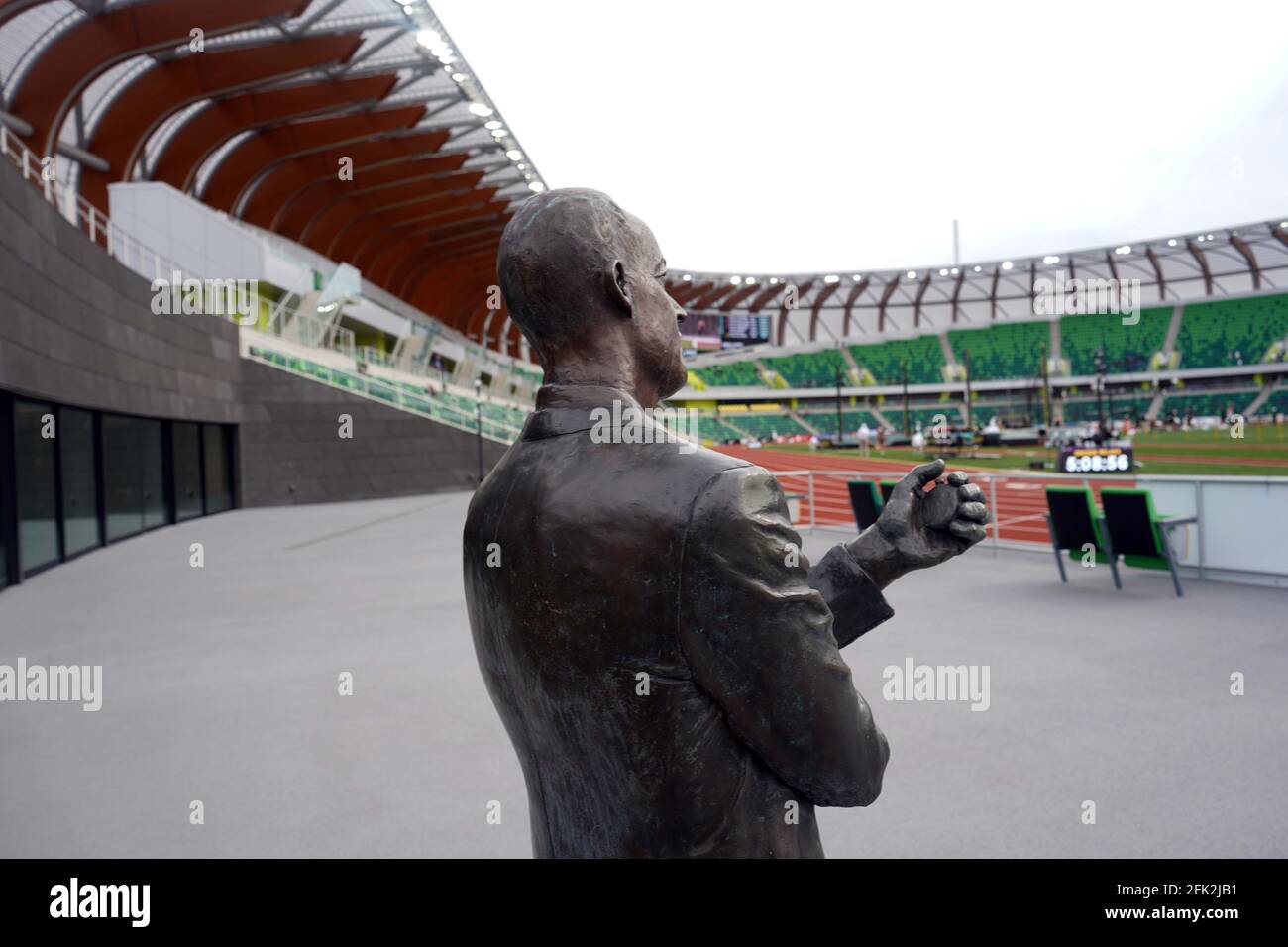 A statue of Bill Bowerman at f Hayward Field on the campus of the ...