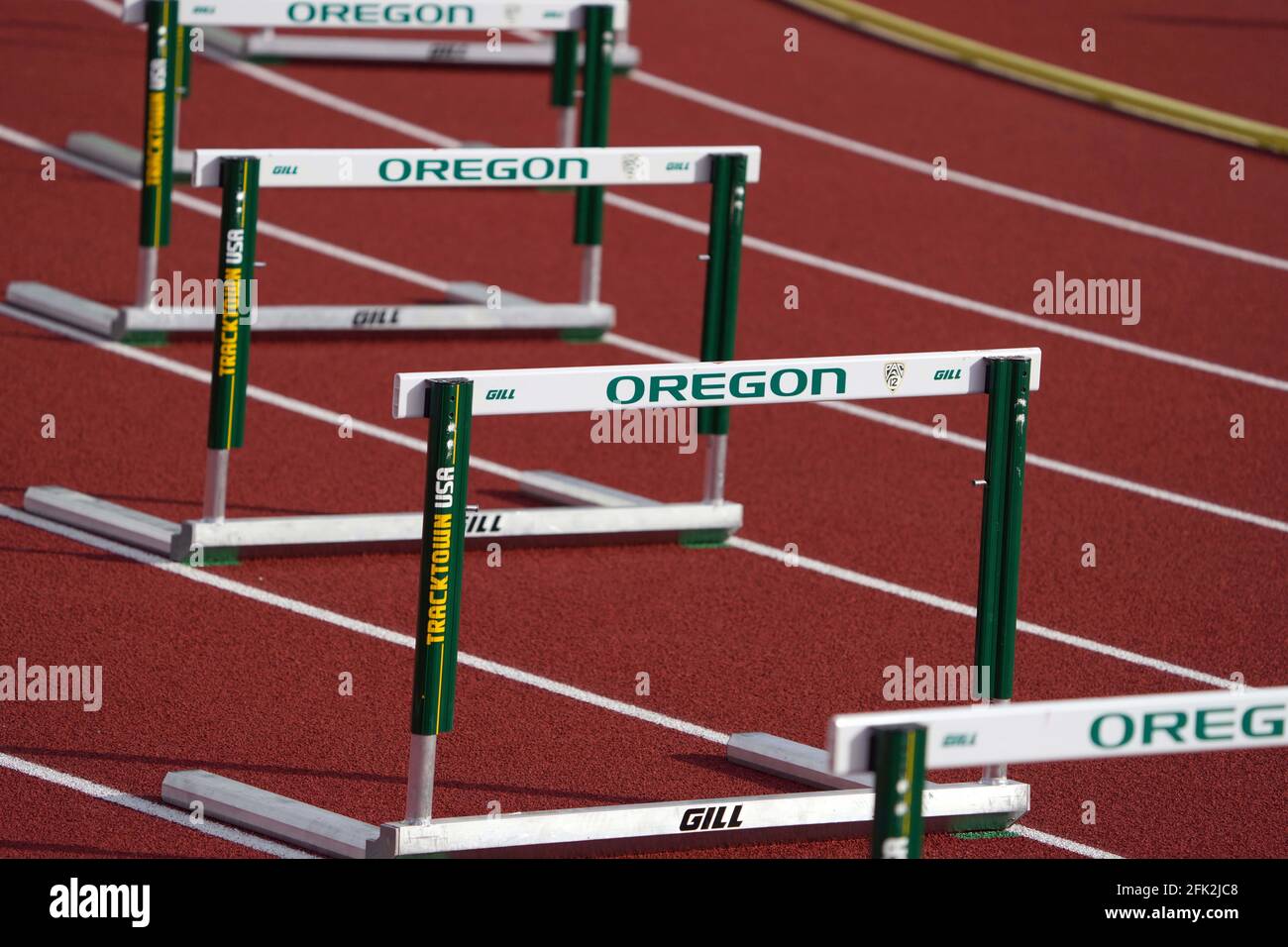 A detailed view of hurdles on the track at Hayward Field on the campus ...