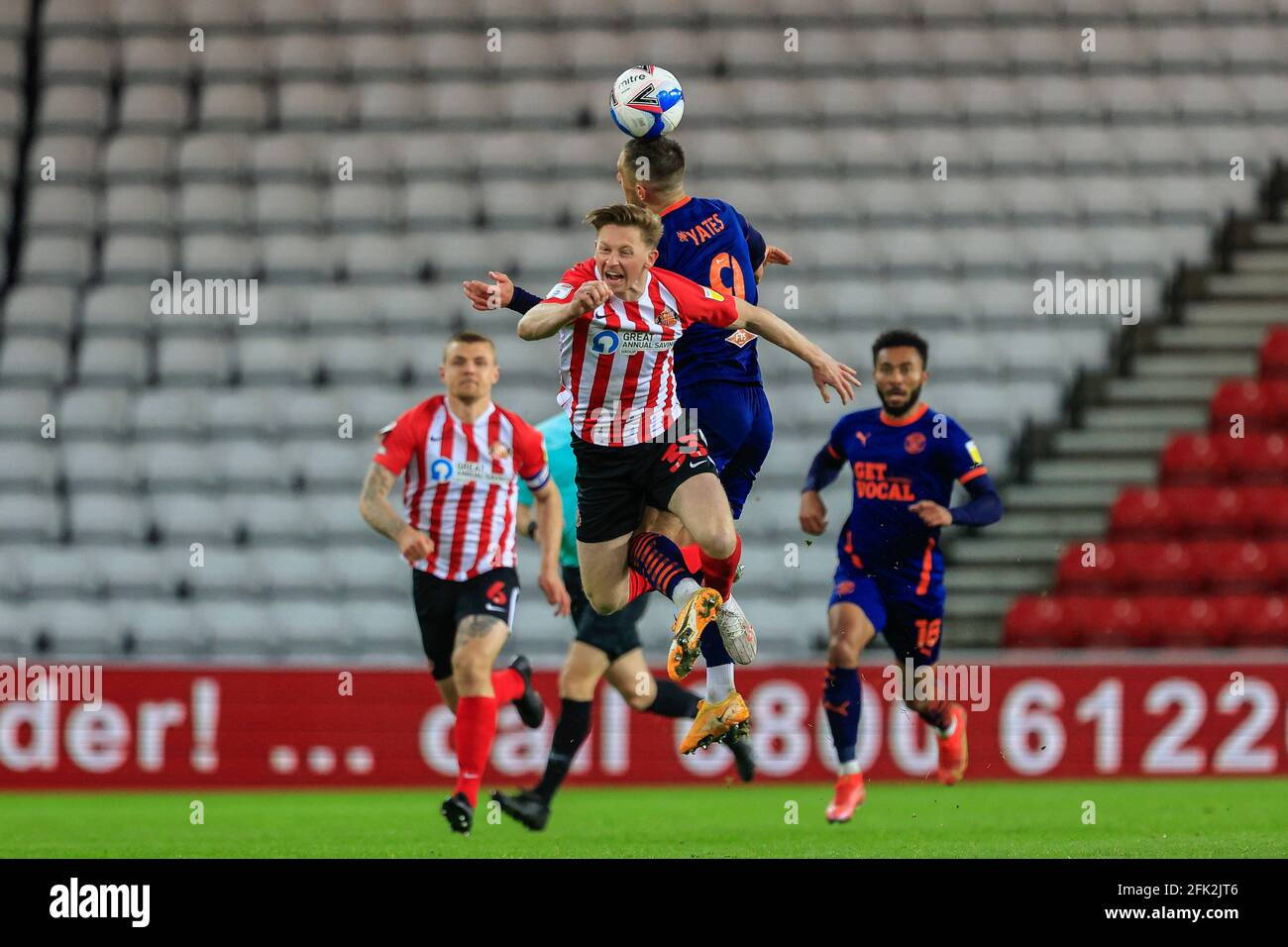 Sunderland, UK. 27th Apr, 2021. Jerry Yates #9 of Blackpool wins an ...