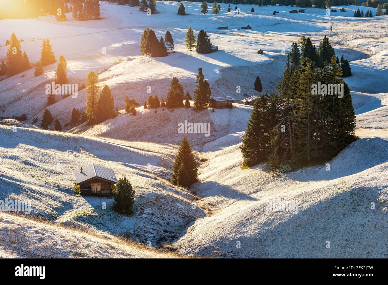 Small wooden farm house, cottage or log cabins on meadow on Alpe di ...