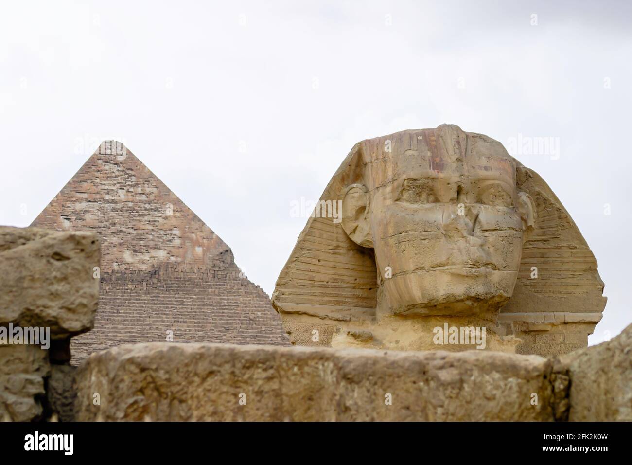 Head of the iconic monumental sculpture, the Great Sphinx of Giza with ...