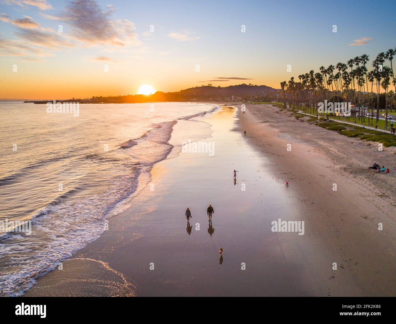 aerial view of East Beach at sunset, Santa Barbara, California Stock ...
