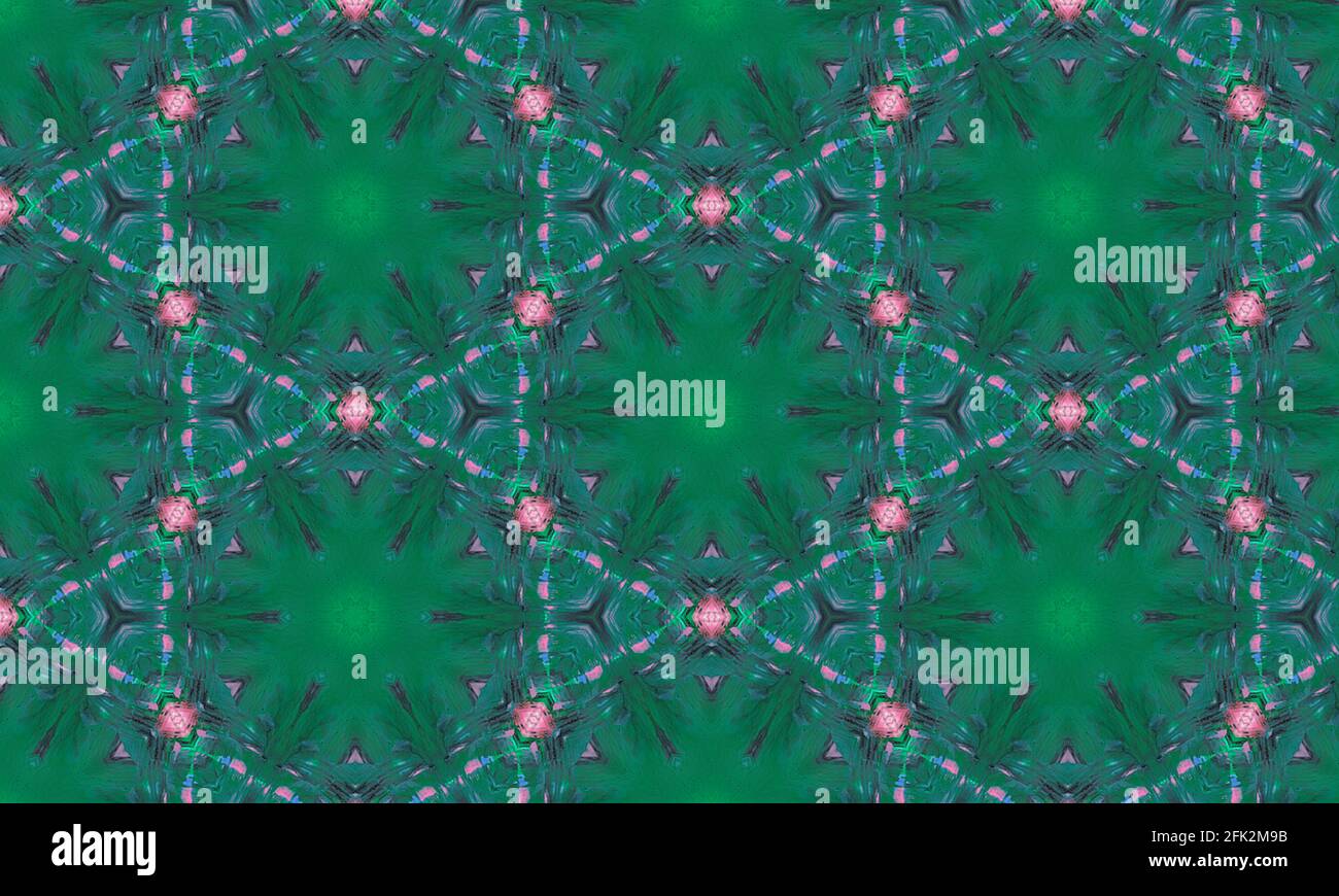 Abstract 2d illustration of a green background with glowy pink lines ...