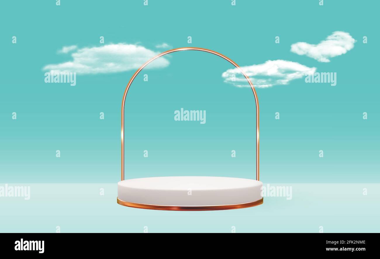 White 3d pedestal background with Golden Glass Ring Frame on blue ...