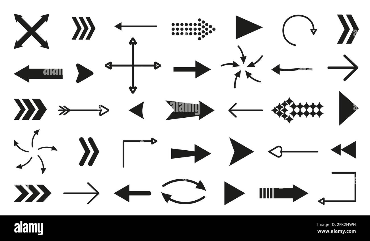 Black flat arrow icons set isolated on white background. Different ...