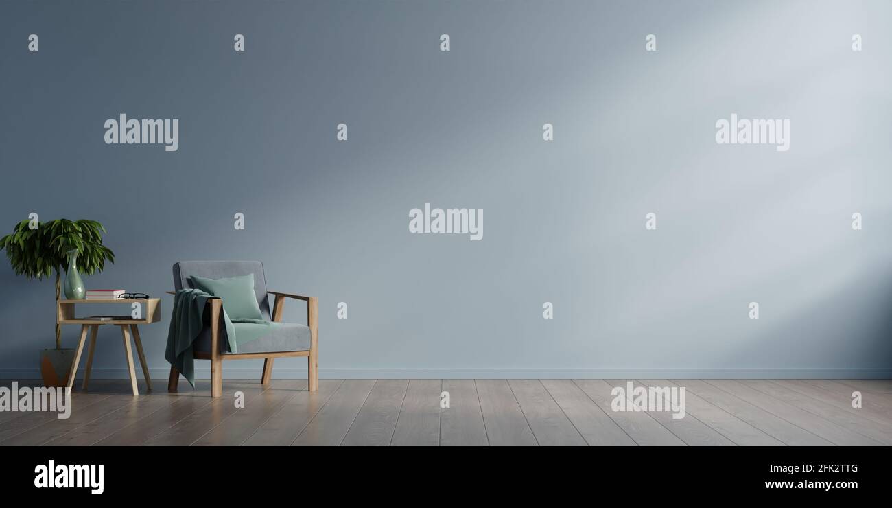 Interior of a bright living room with armchair on empty dark wall ...