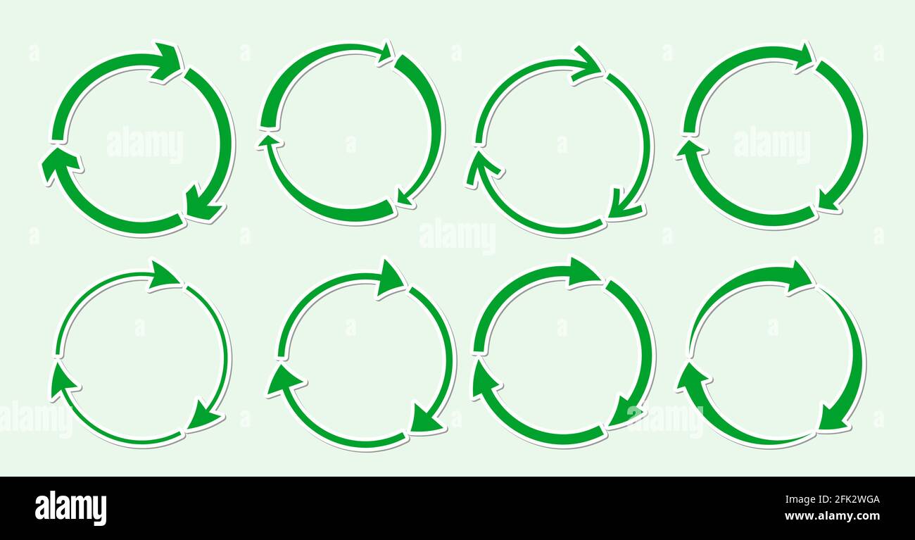 Green of paper round sticker recycle icon set. Flat rotate circle arrow ...