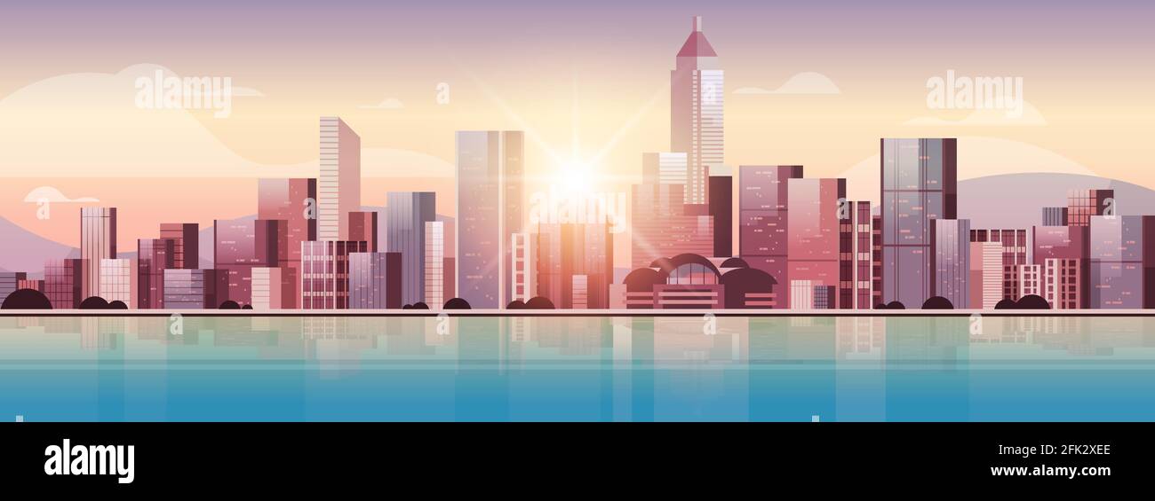 city buildings skyline modern architecture sunset cityscape background ...