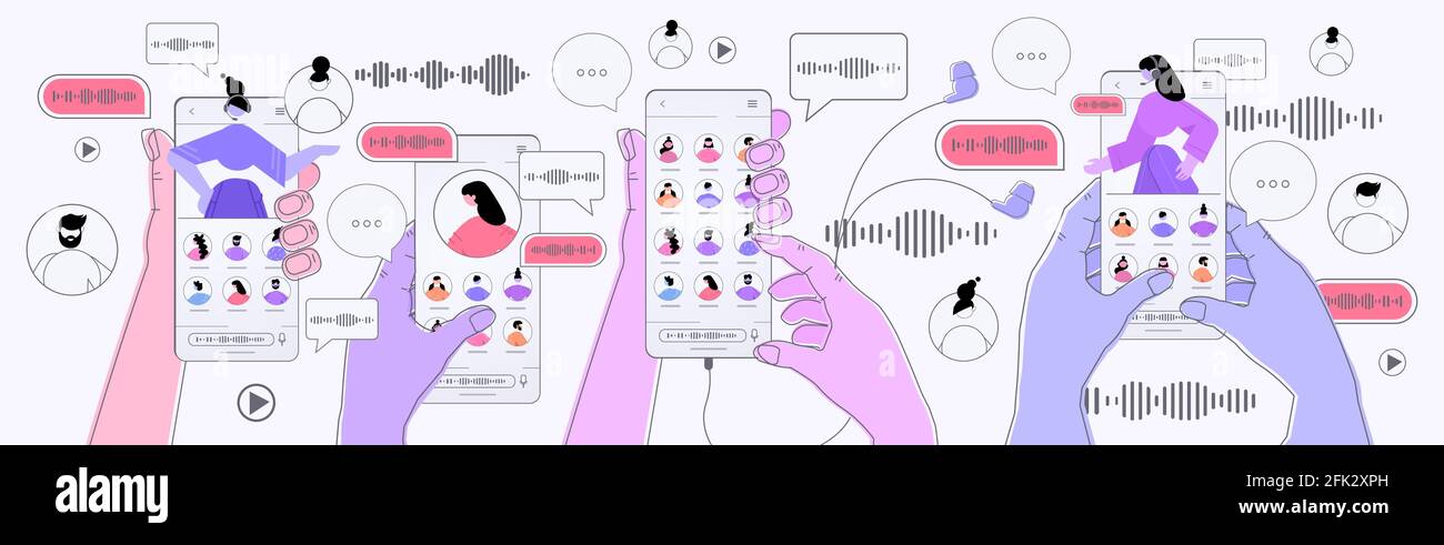 hands using smartphones communicate by voice messages audio chat ...