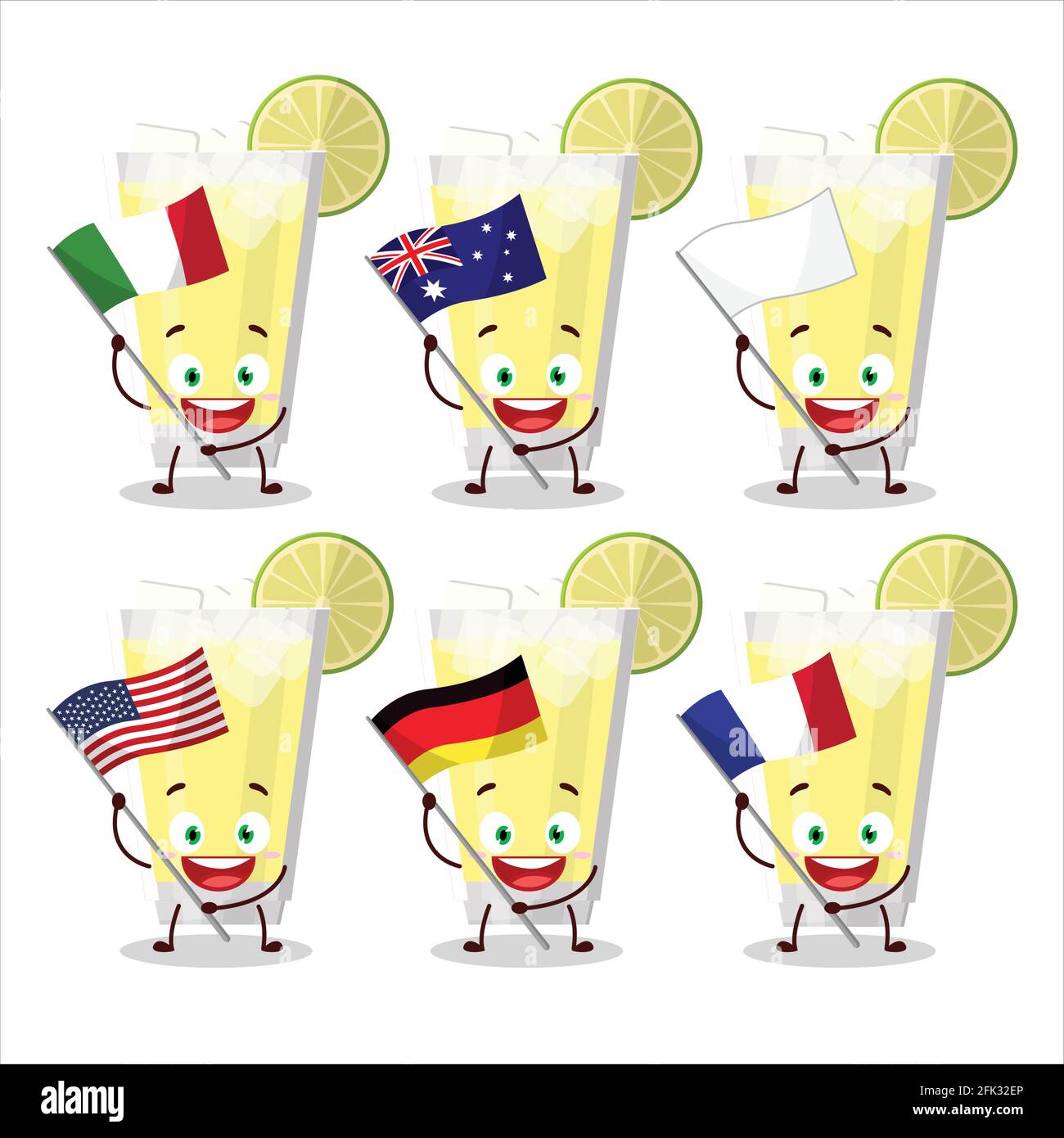 Lemonade cartoon character bring the flags of various countries. Vector ...