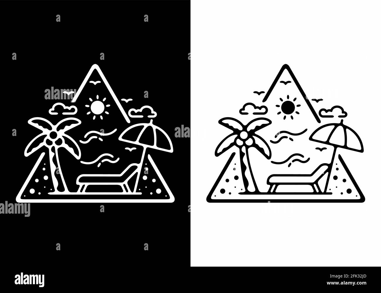 Black and white line art illustration of beach in triangle shape design ...