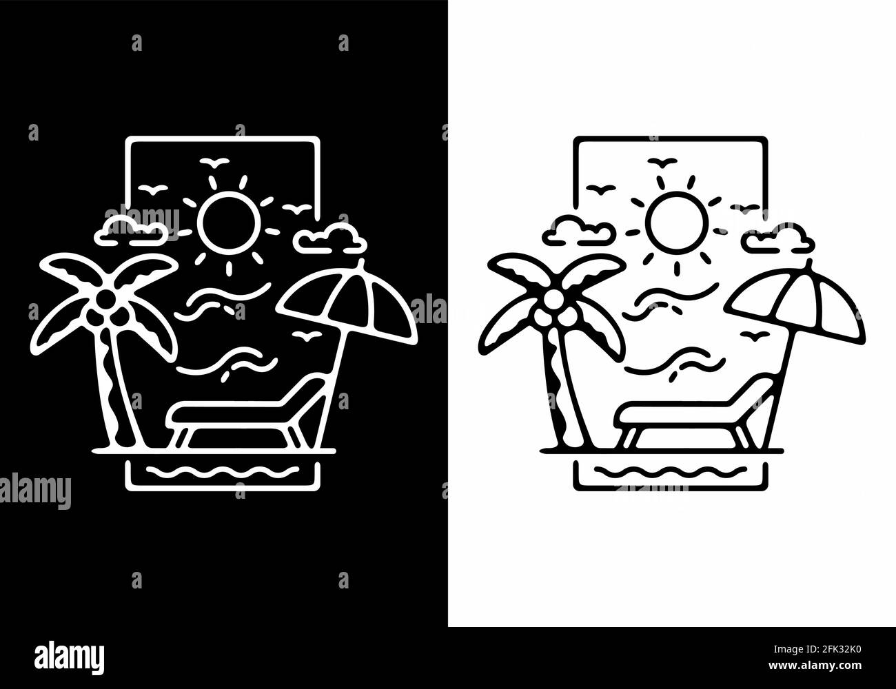 Black and white line art illustration of beach in stand rectangle shape ...