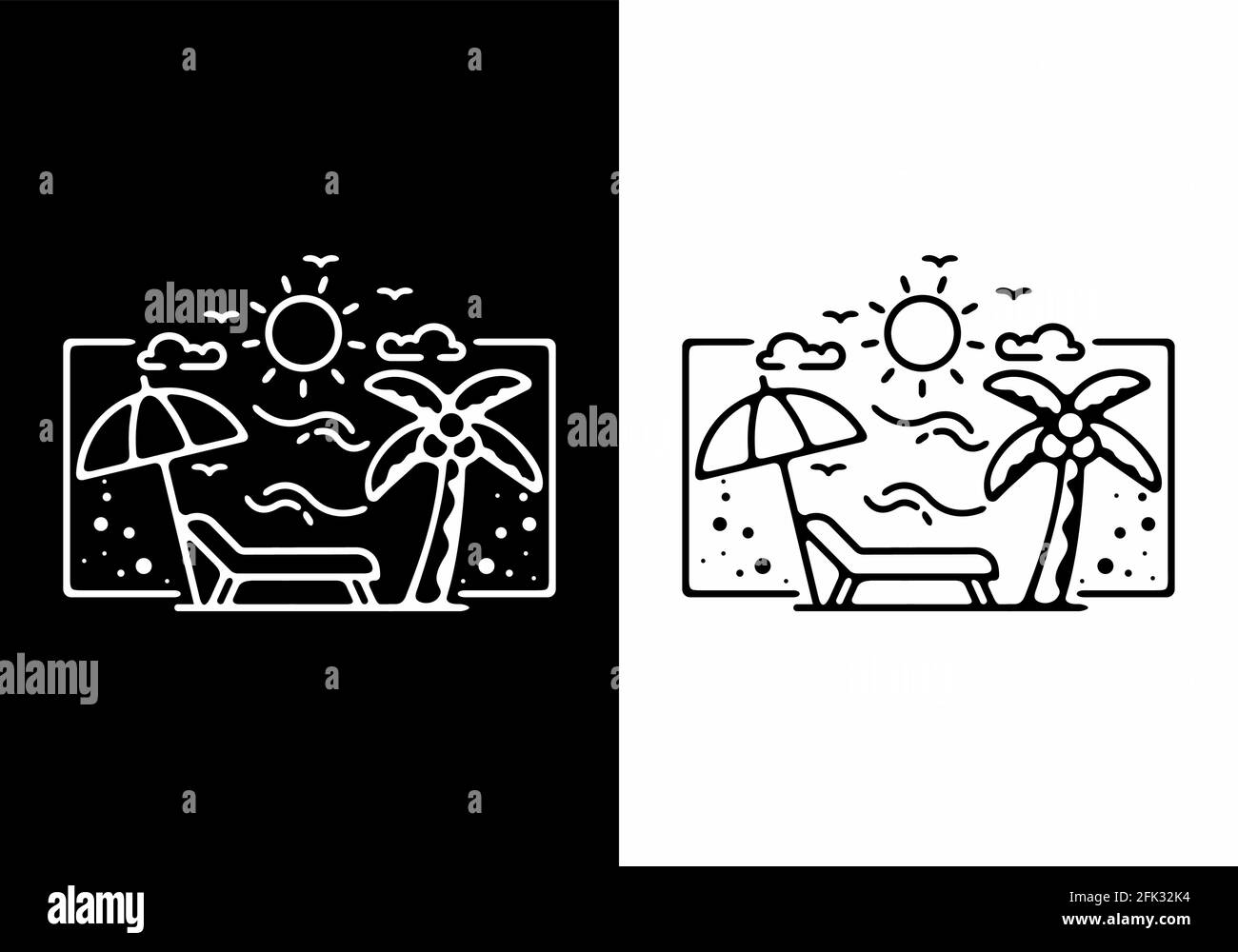 Black and white line art illustration of beach in rectangle shape ...