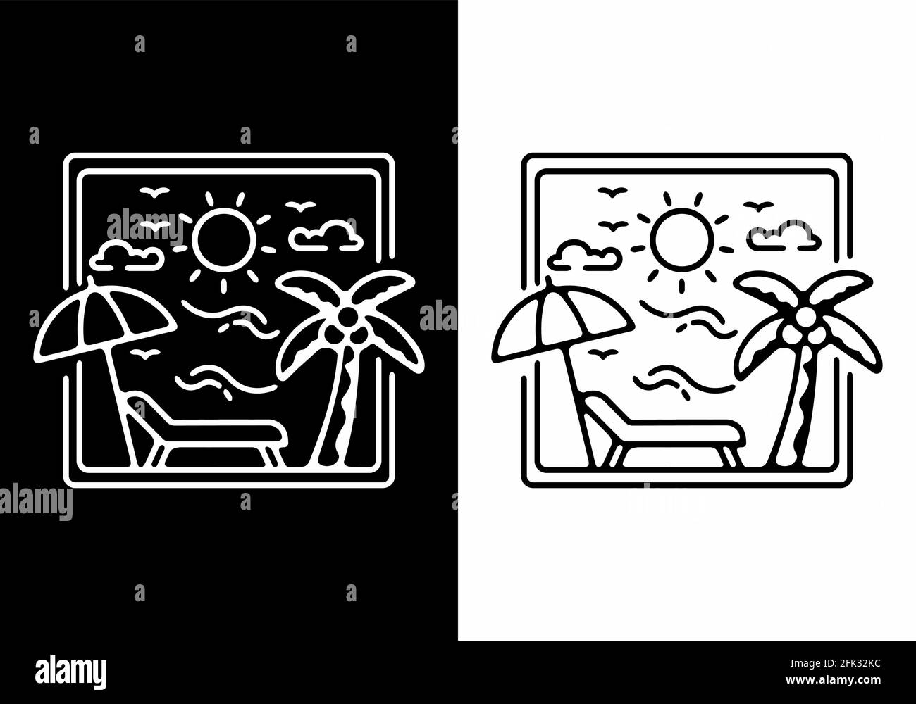 Black and white line art illustration of beach in square shape design ...