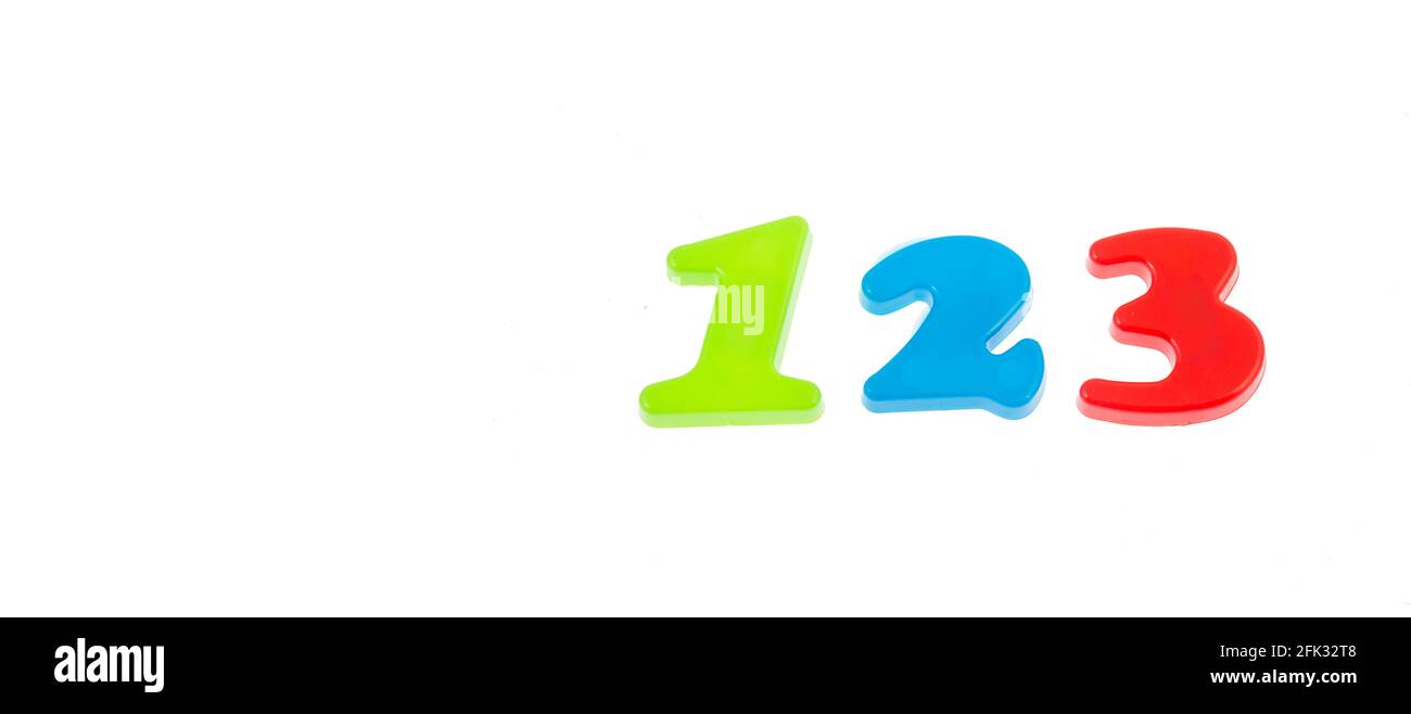 plastic numbers one, two and three in vivid colors isolated on white ...