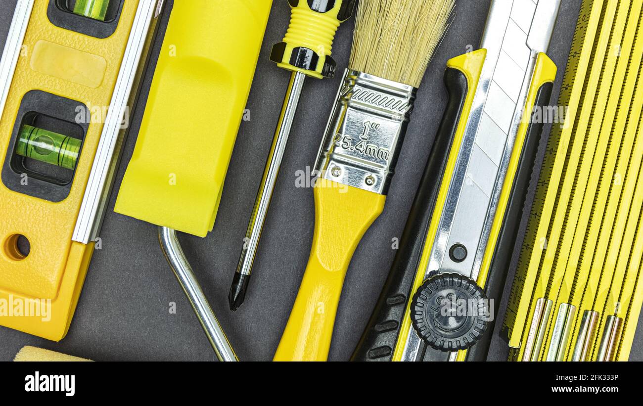 various instruments and working tools for house renovation. top view ...