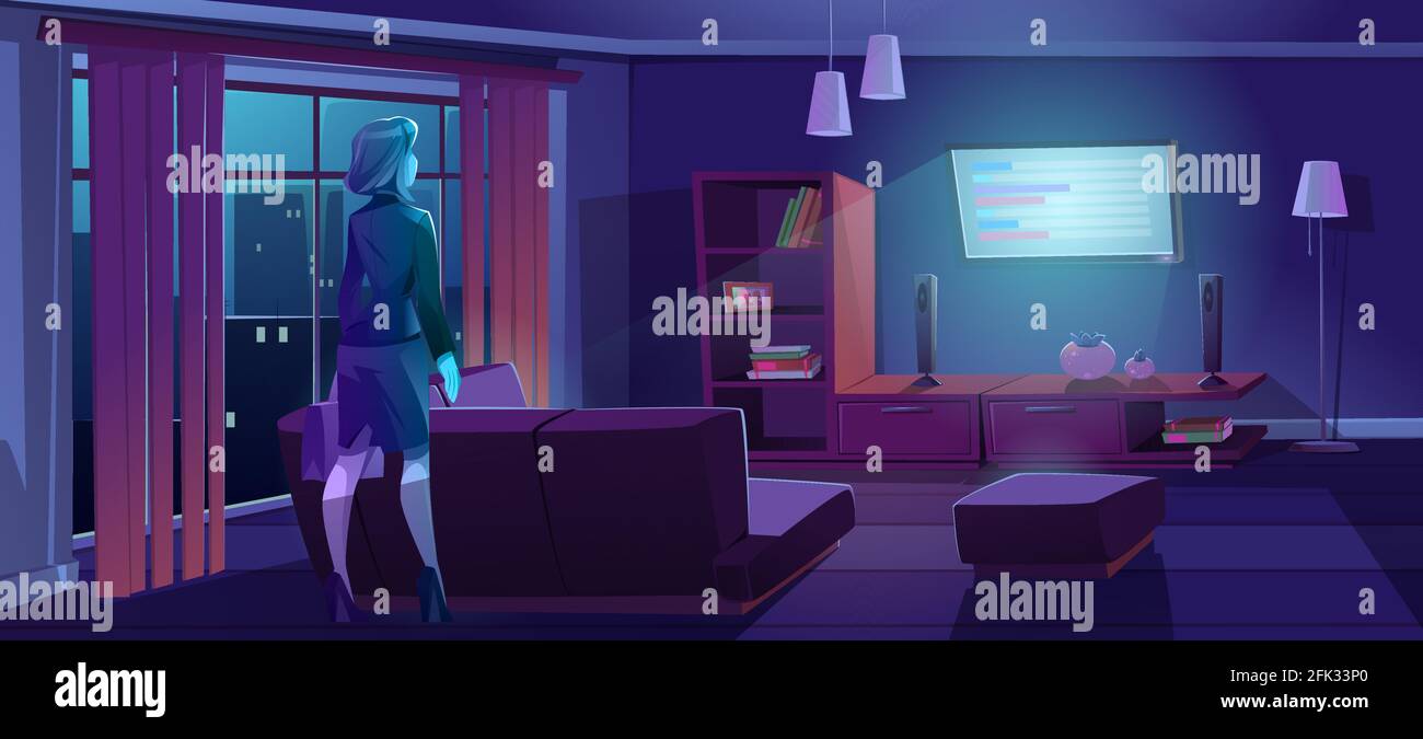 Woman coming home from work and watch tv at night. Vector cartoon ...