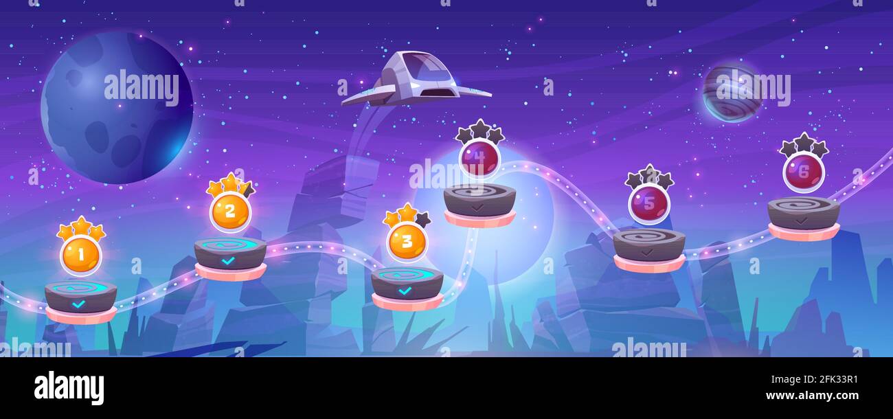 Mobile arcade with spaceship, interstellar shuttle hover above alien ...