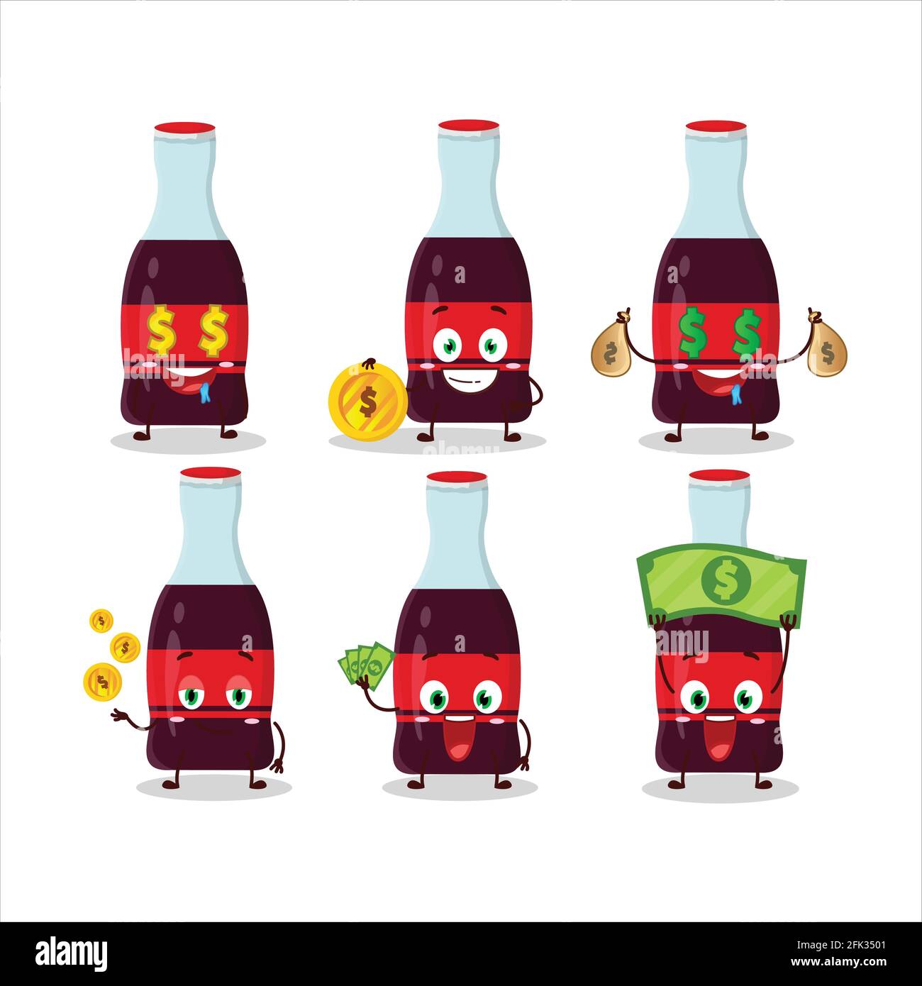 Soda bottle cartoon character with cute emoticon bring money. Vector ...