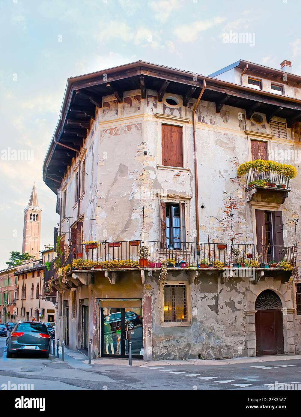 The shabby medieval mansion with preserved frescoes, carved wooden roof ...