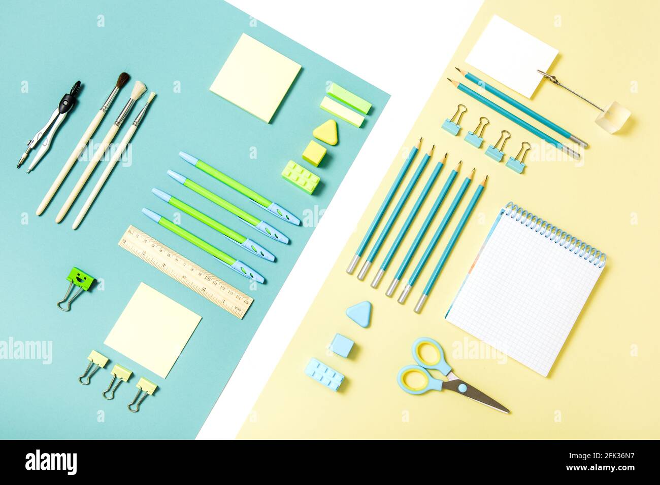 school tools on blue and yellow background. top view.back to school ...