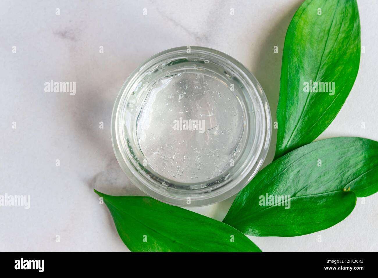 Natural moisturising cream gel jar on green leaves as beauty flatlay ...