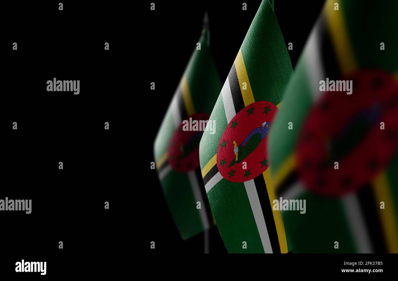 Small national flags of the Dominica on a black background Stock Photo ...