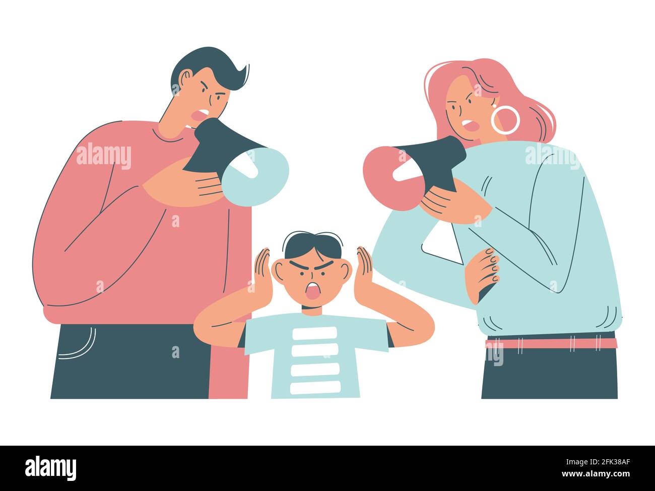 Angry dad and mom screaming through megaphones scolding his son, flat vector illustration ...