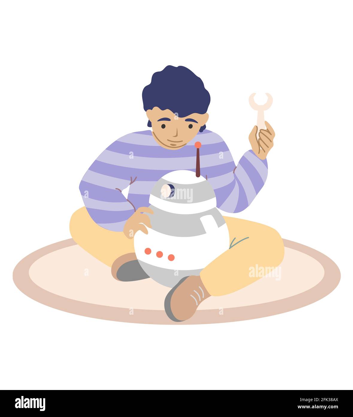 Robotics school. Cute boy, future engineer building robot, flat vector ...