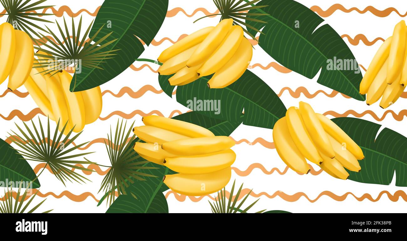 Trendy seamless pattern with realistic banana bunch and tropical leaves ...