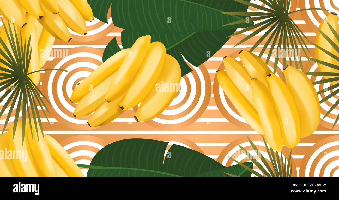 Trendy seamless pattern with realistic banana bunch and tropical leaves ...