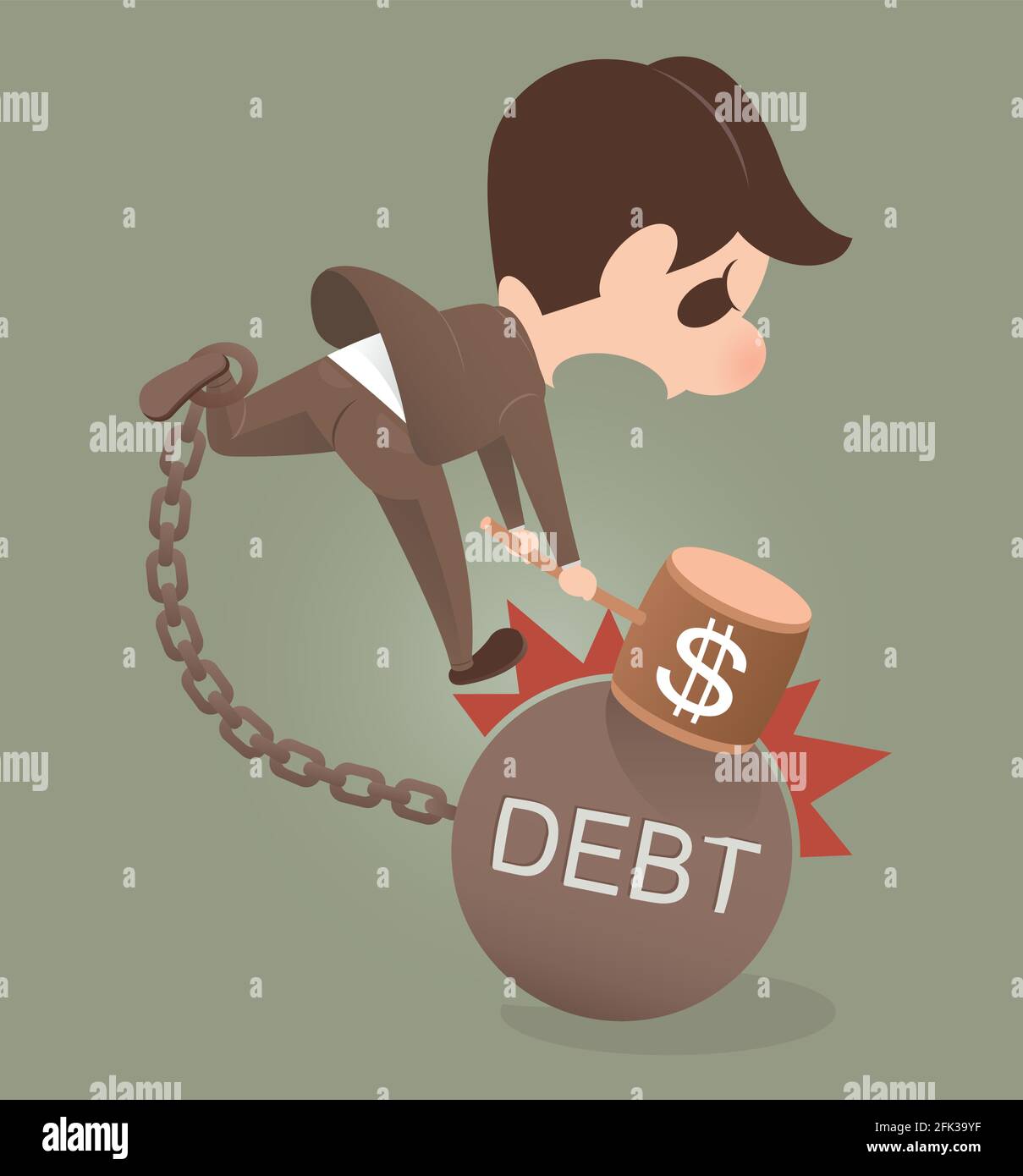 Businessman holding hammer hitting cracked DEBT ball Stock Vector Image ...