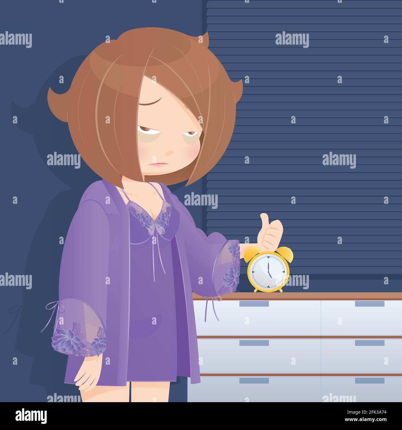 Drowsy girl waking up in the morning, Cartoon illustration Stock Vector ...