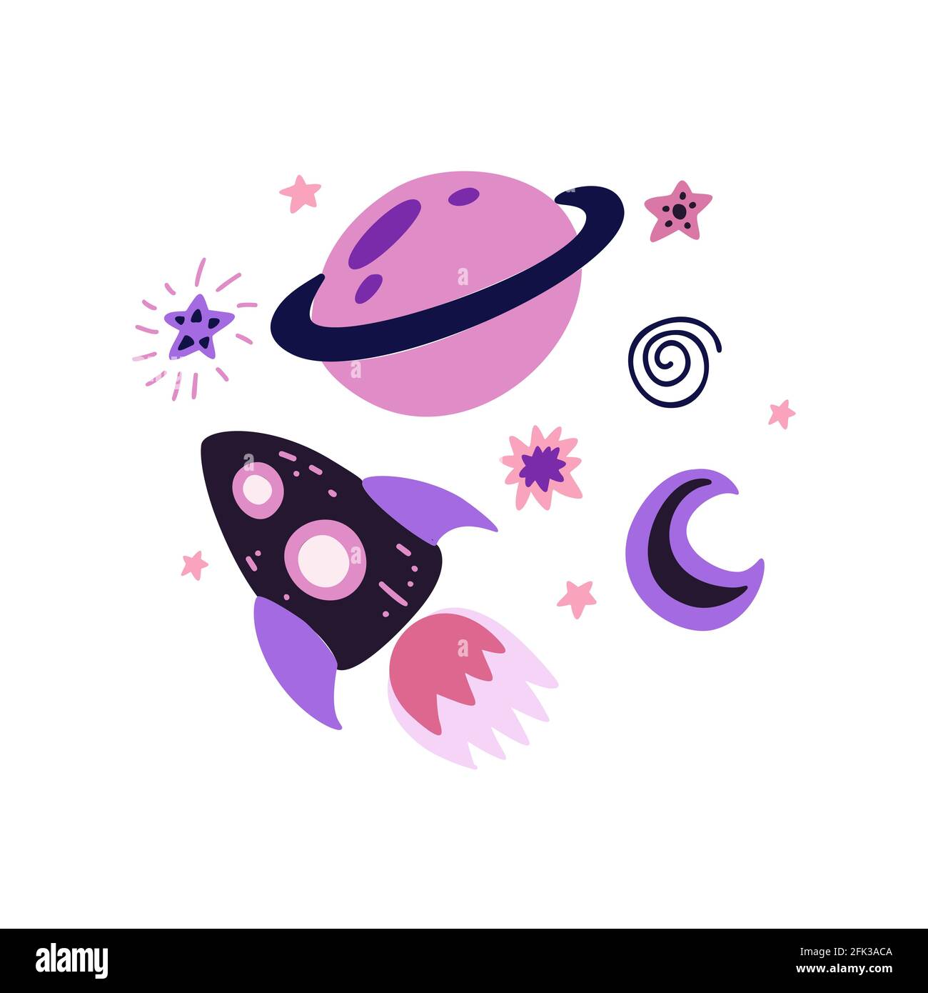 Childrens illustration of a spaceship with a crescent moon, Saturn and ...