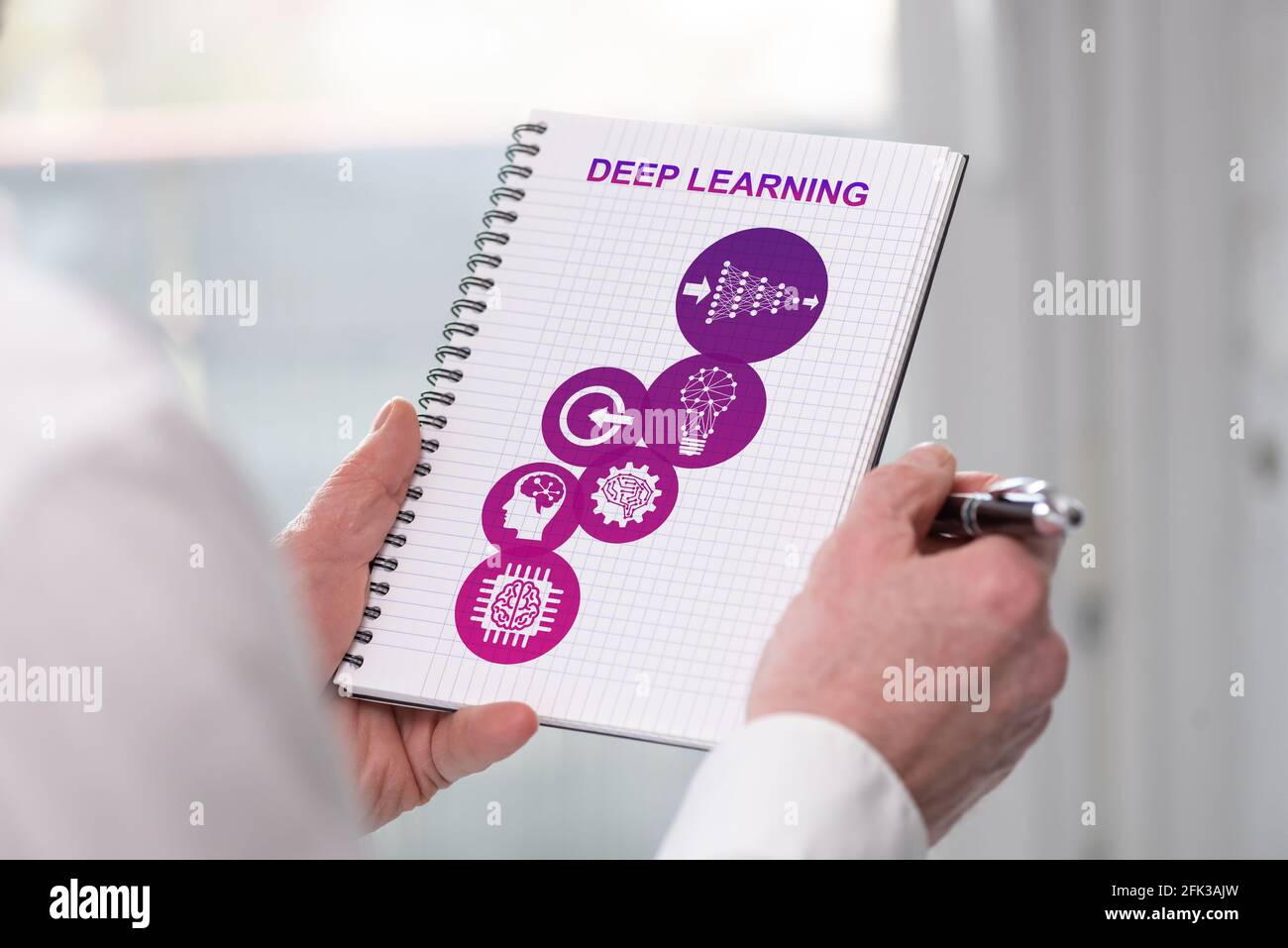Hand holding a notepad with deep learning concept Stock Photo - Alamy