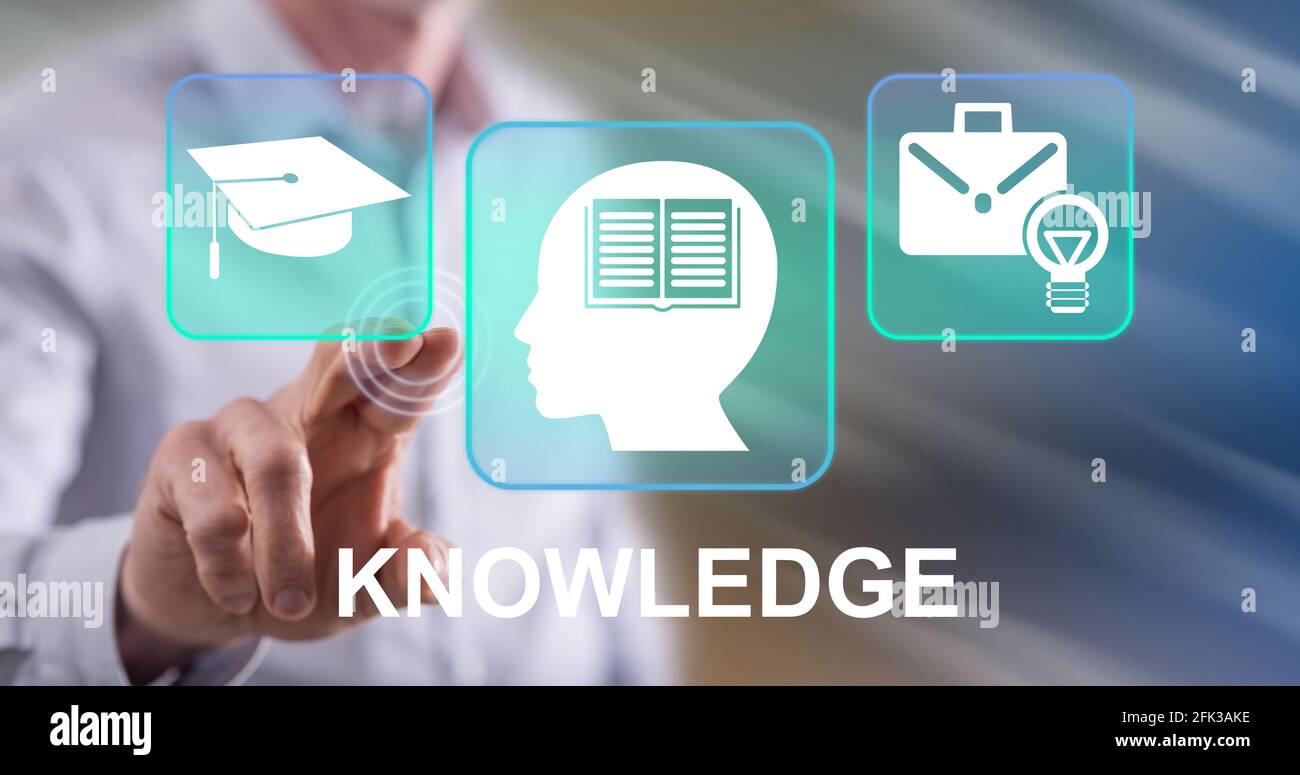 Man touching a knowledge concept on a touch screen with his finger ...